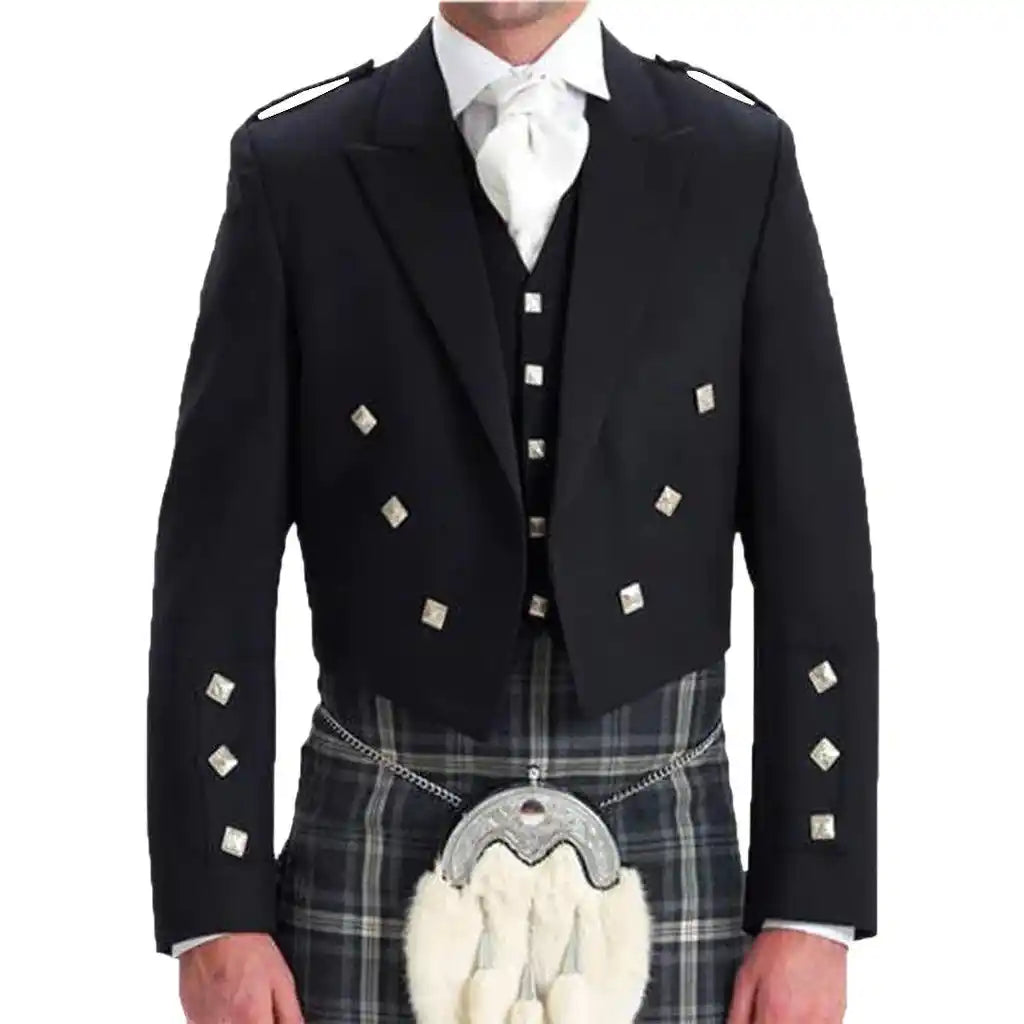 Black Wool Prince Charlie Jacket With 5 Button Waistcoat – Kilt Box Shop